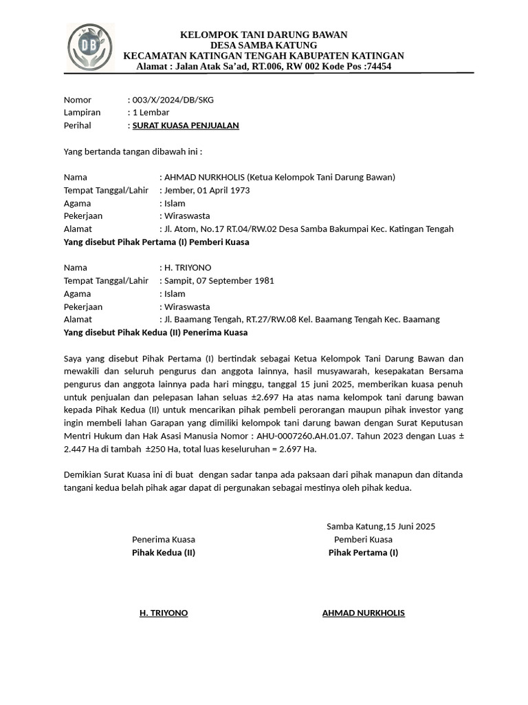 Surat Kuasa Penjualan Lahan Tani | PDF