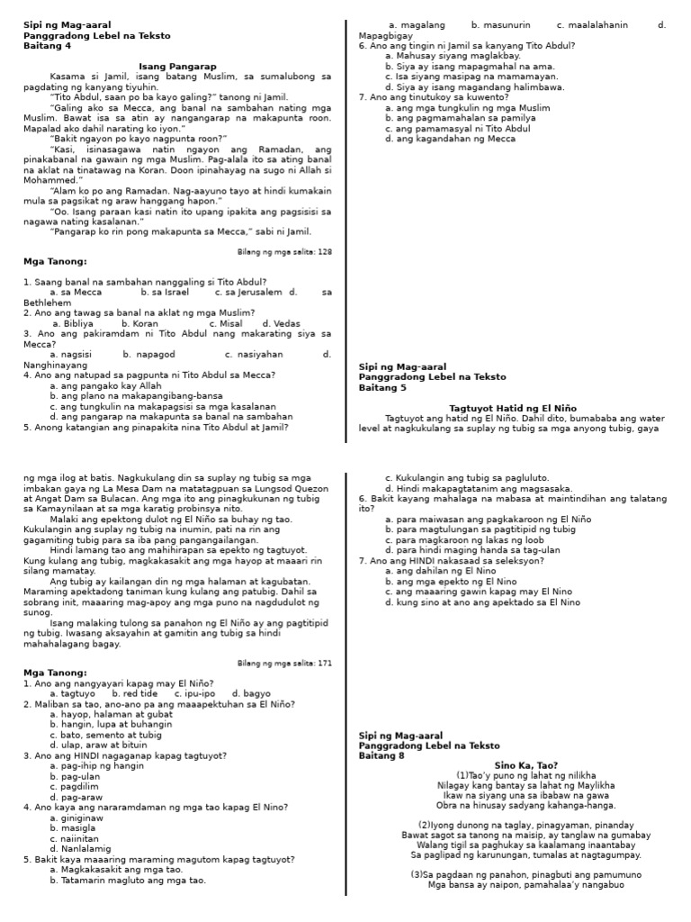 Baitang 4 5 8 Panggradong Lebel Na Teksto Sipi NG Mag Aaral | PDF