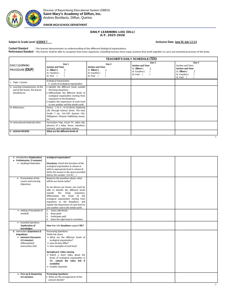 SHS DLL Template 2025 2026 | PDF | Earth | Cognition