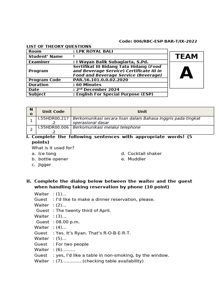 A. Esp Bar 1 24 | PDF | Waiting Staff