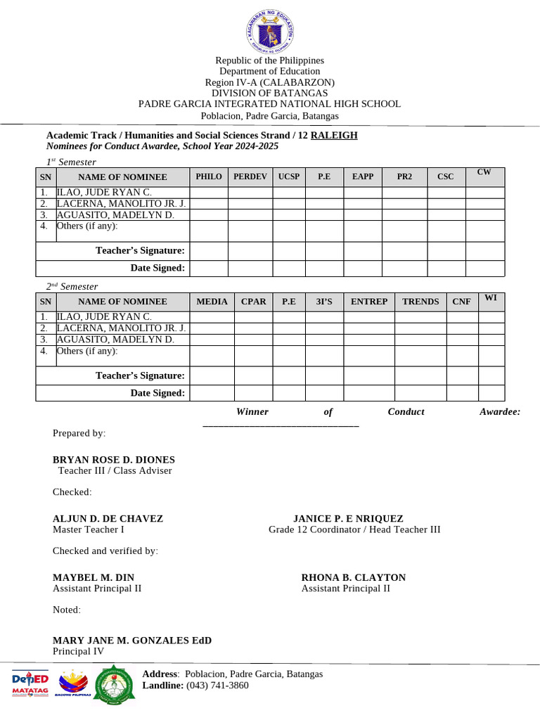 Nomination For Conduct Awardee SY 2024 2025v1 | PDF