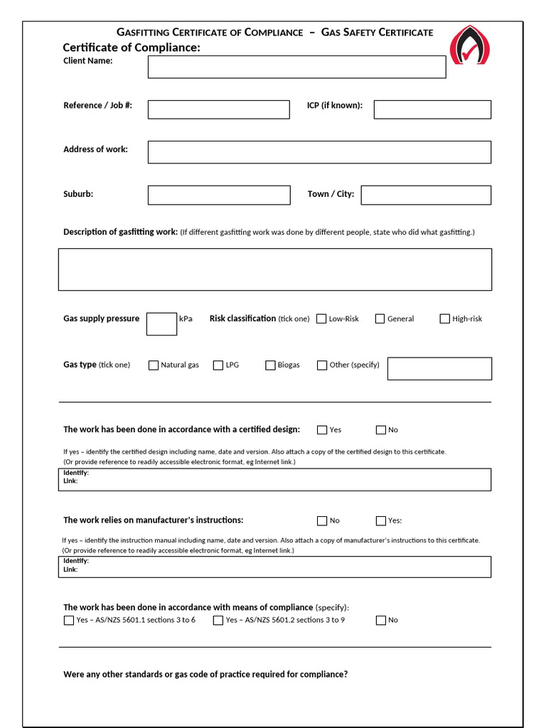 Gasfitting Certificate of Compliance Template | PDF