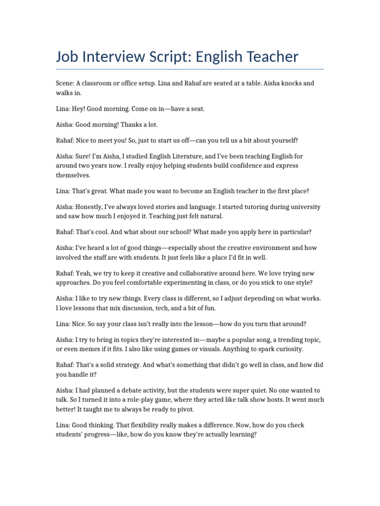 Job Interview Script English Teacher | PDF | Teachers