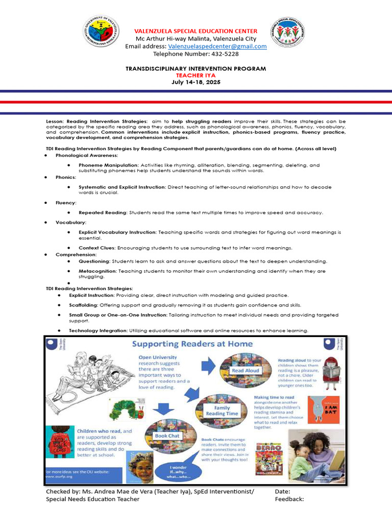 Final Tdi Reading Intervention Activities 2025 | PDF | Phonics | Reading Comprehension
