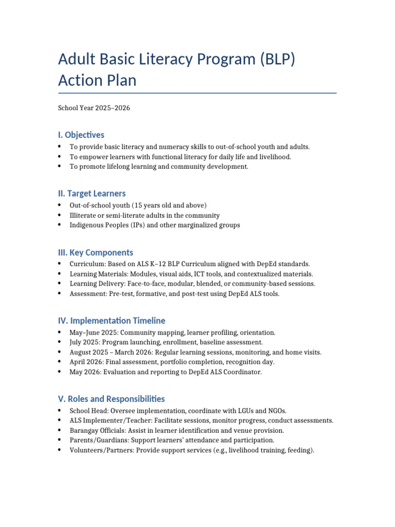 Adult Literacy Program Action Plan 2025-2026 | PDF | Educational ...