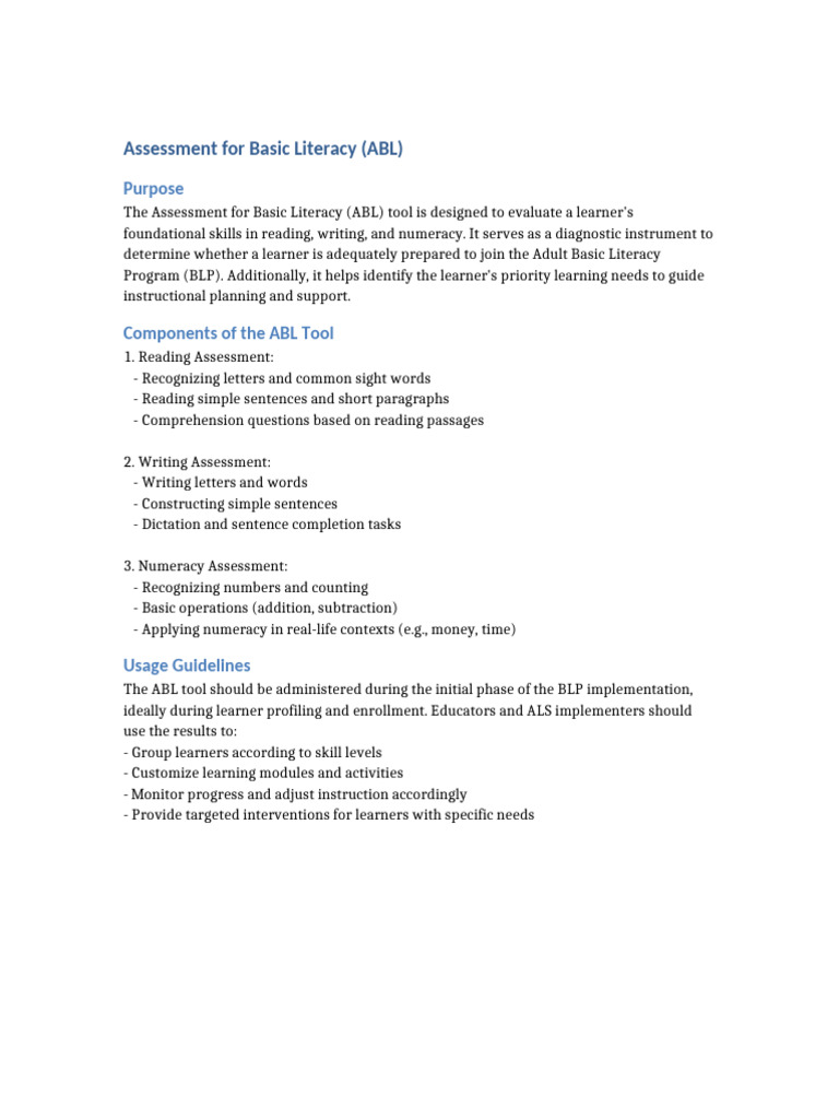 Assessment For Basic Literacy ABL | PDF
