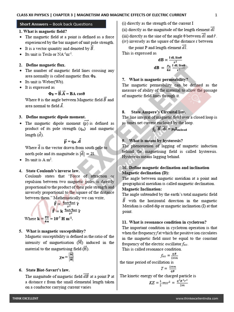 12PA Chapter 3 (Short Answers) - Notes | PDF | Magnetic Field | Magnetism
