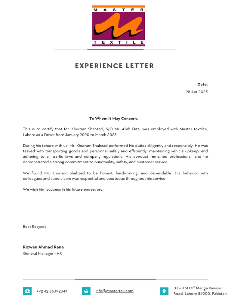 Textile Experience Certificate for Khurram Shahzad | PDF
