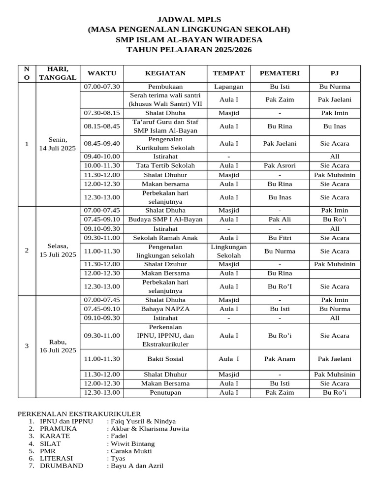Jadwal MPLS SMP Islam Al-Bayan 2025 | PDF