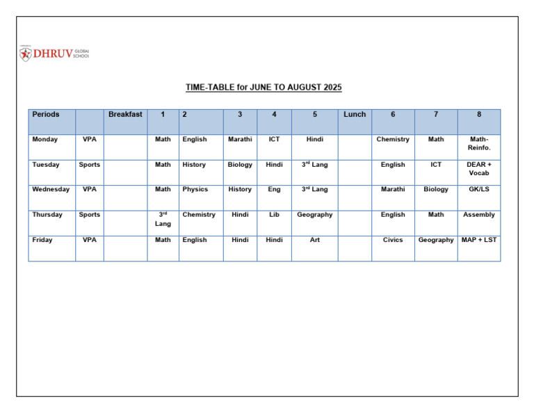 Grade VII E - Timetable (June To Aug) | PDF