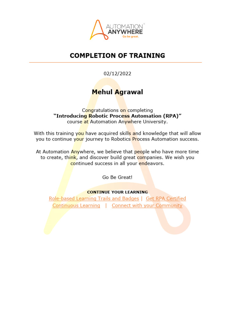 RPA Training Completion Certificate | PDF