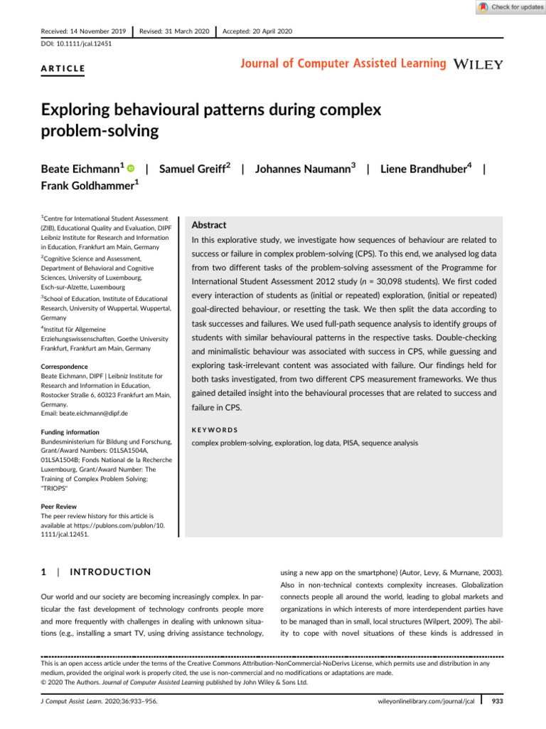 Computer Assisted Learning - 2020 - Eichmann - Exploring Behavioural Patterns During Complex ...