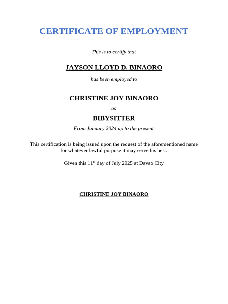 Certificate of Employment Bantay Bata Tin | PDF