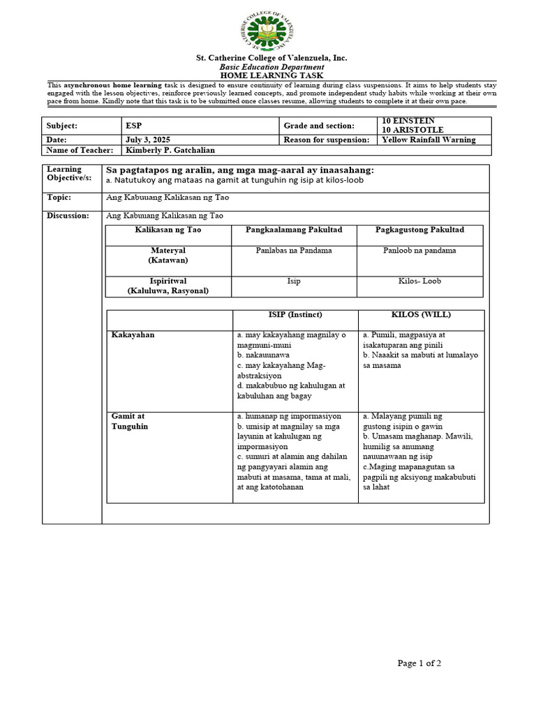 Home Learning Task ESP 10 | PDF