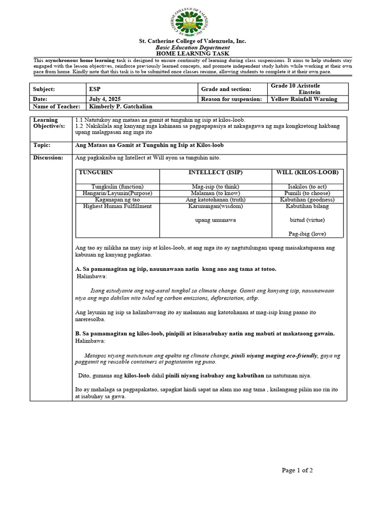 Home Learning Task ESP 10 | PDF