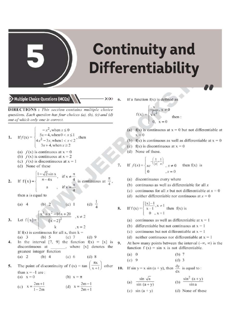 Mincy - GR 12 - Continuity Differentiability, Derivatives - MCQ - Assertion - Case Studies | PDF