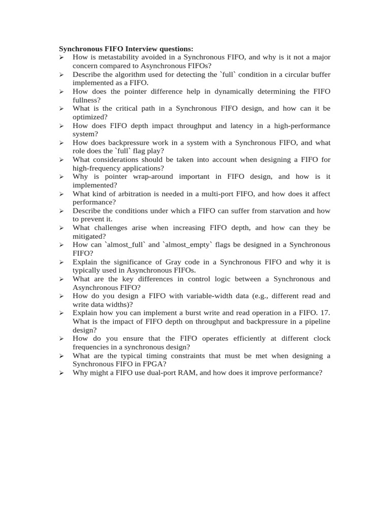 Synchronous FIFO Interview Questions | PDF