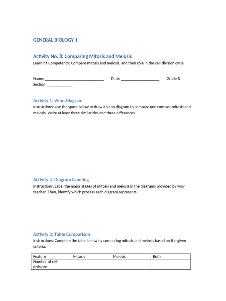 Mitosis Vs Meiosis Activity Sheet | PDF