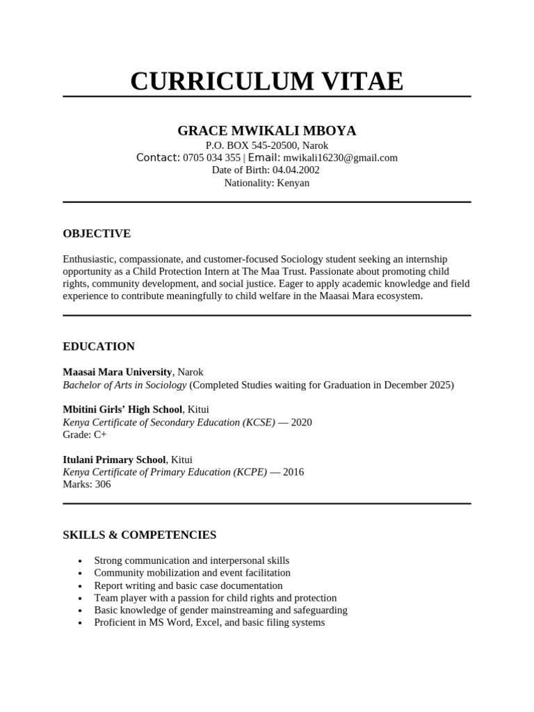 Grace Mwikali CV | PDF