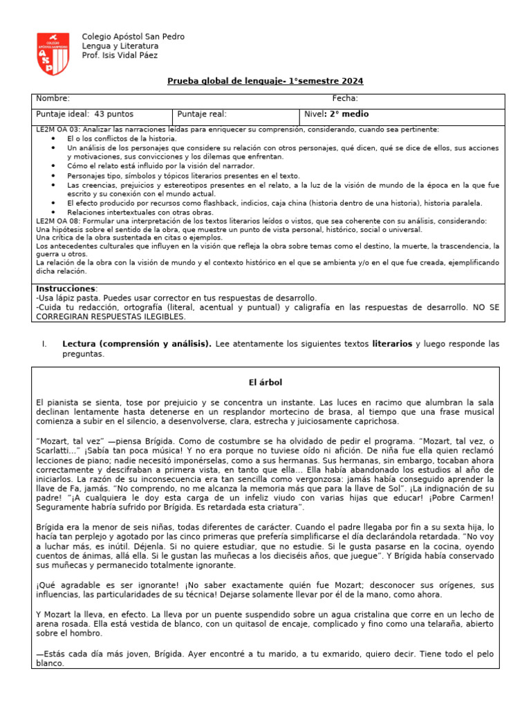 Prueba Global de Lenguaje - 2° Medio - 2025 | PDF | Narración ...