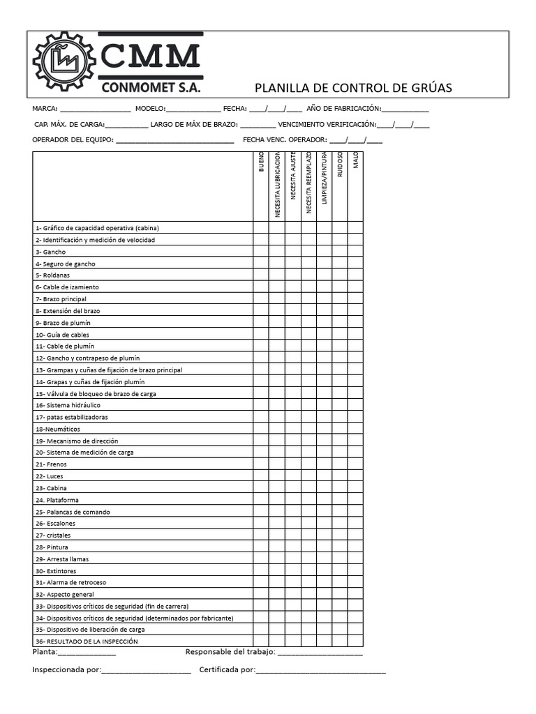 Planilla de Control de Grúas | PDF