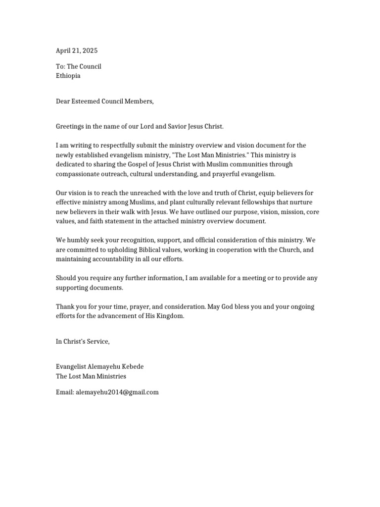 Cover Letter The Lost Man Ministries | PDF