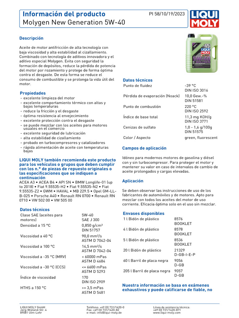 P001758 Molygen New Generation 5W 40 58 Es ES | PDF | Lubricante ...