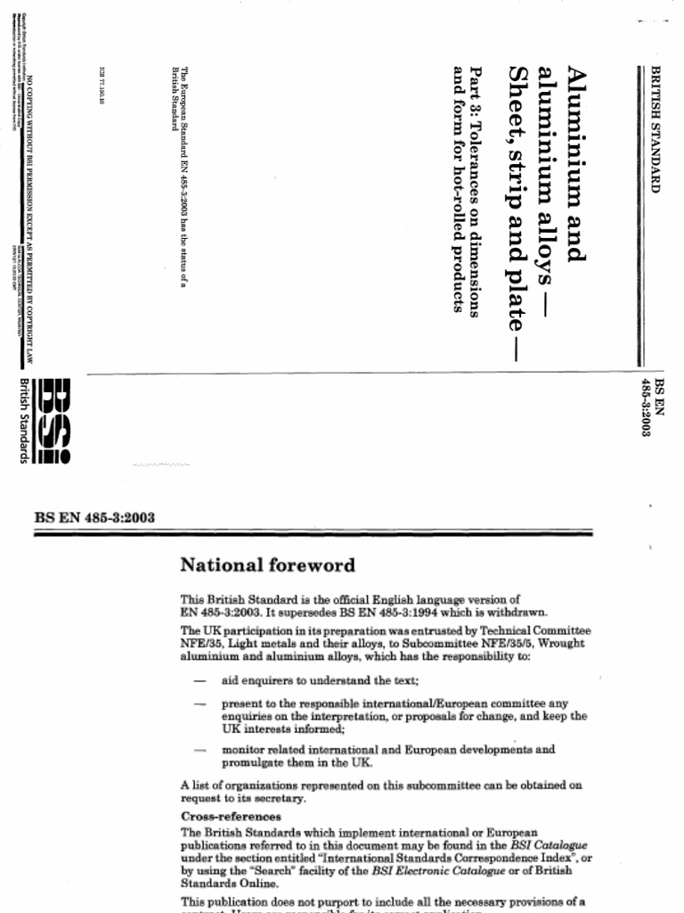 Bs en 485-3 铝和铝合金.片材、带材和板材.热轧制品的形状和尺寸公差 | PDF