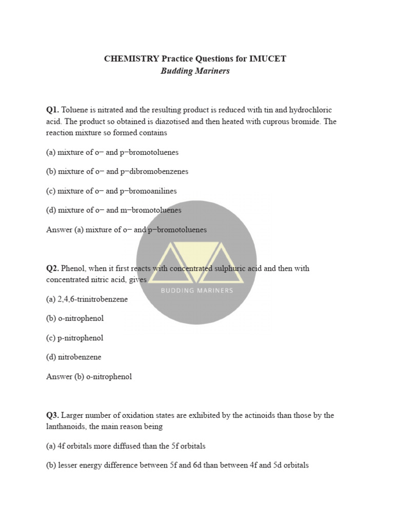 Chemistry Practice Questions - IMUCET | PDF | Chemical Compounds | Salt (Chemistry)