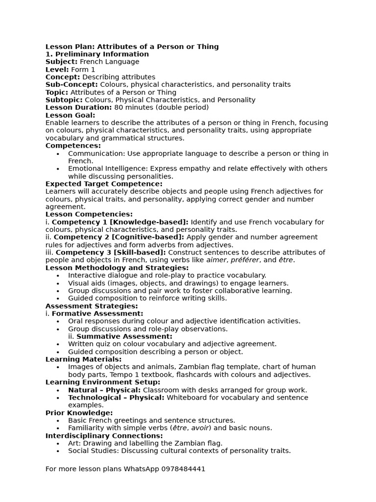 Form 1 FRENCH Lesson Plans | PDF | Learning | Lesson Plan