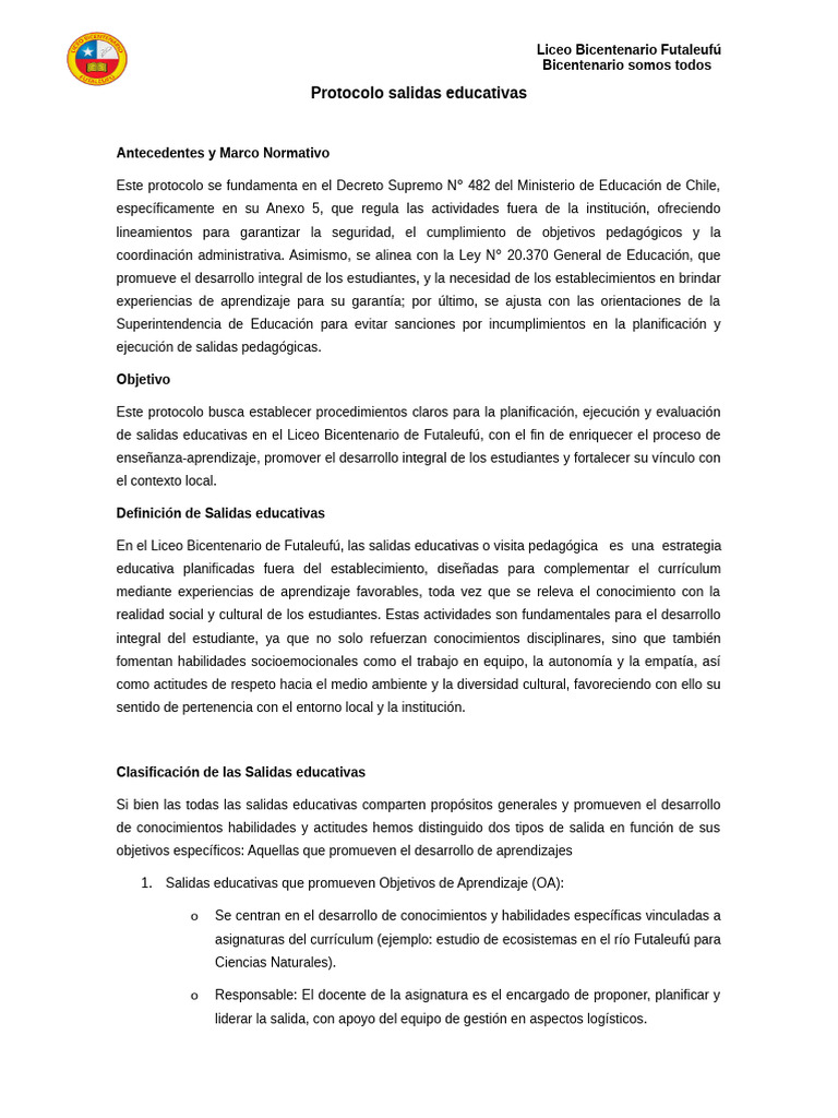 Protocolo Salidas Educativas LBF 2025 | PDF | Plan de estudios | Aprendizaje
