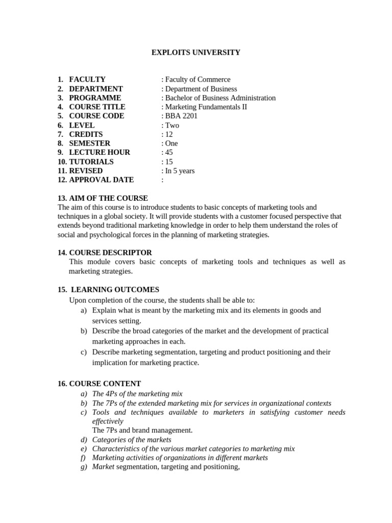 Marketing Fundamentals II Course Overview | PDF | Marketing | Marketing ...