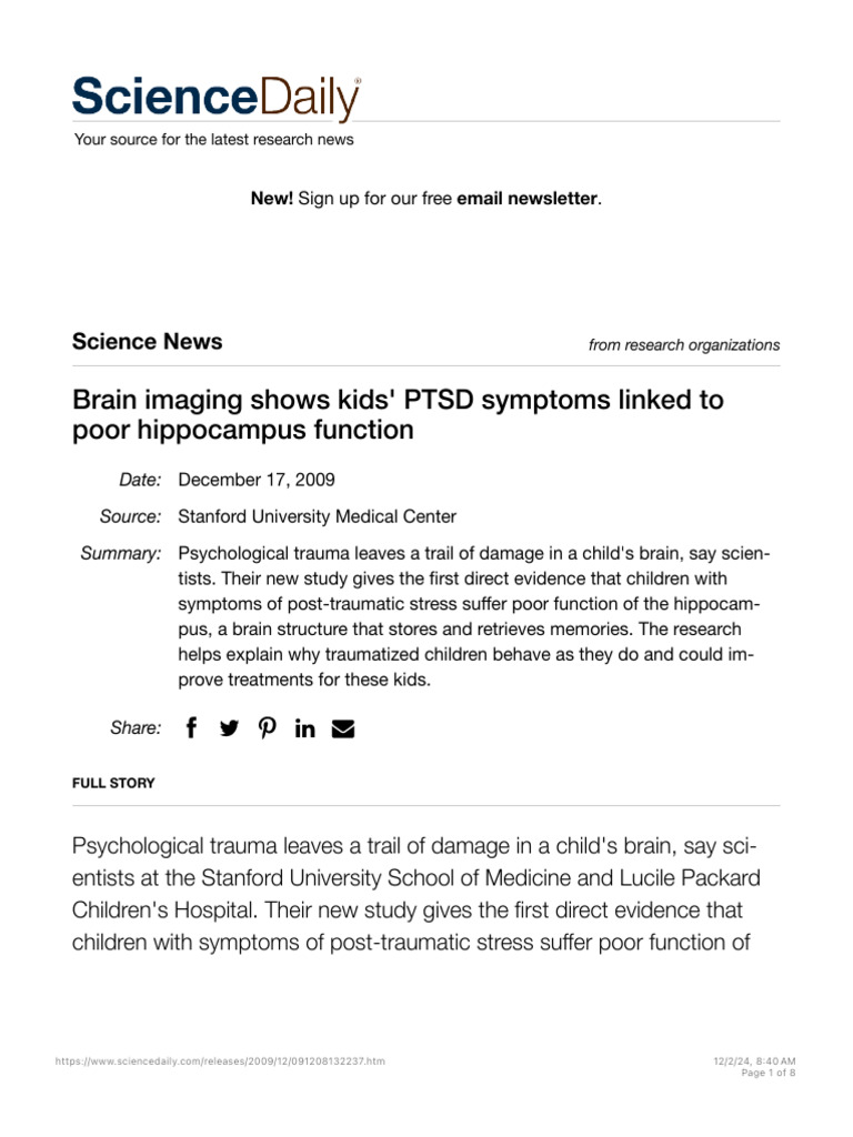 Brain Imaging Shows Kids' PTSD Symptoms Linked To Poor Hippocampus ...