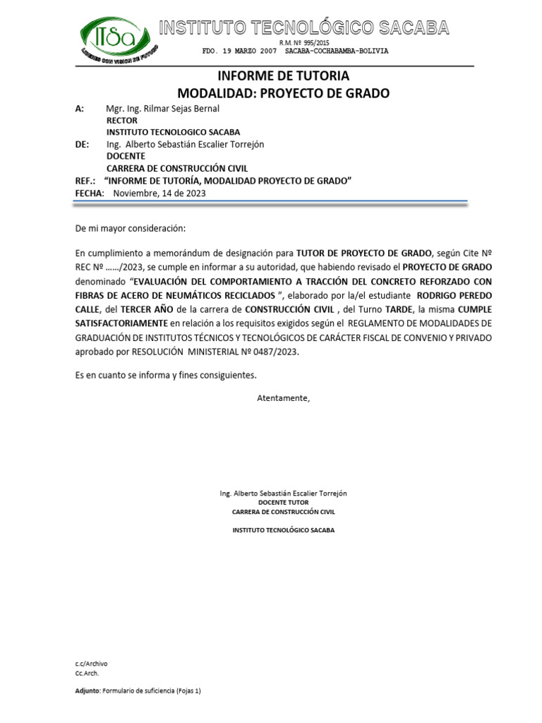 03 Formato Informe Suficiencia TUTOR Proy de Grado | PDF