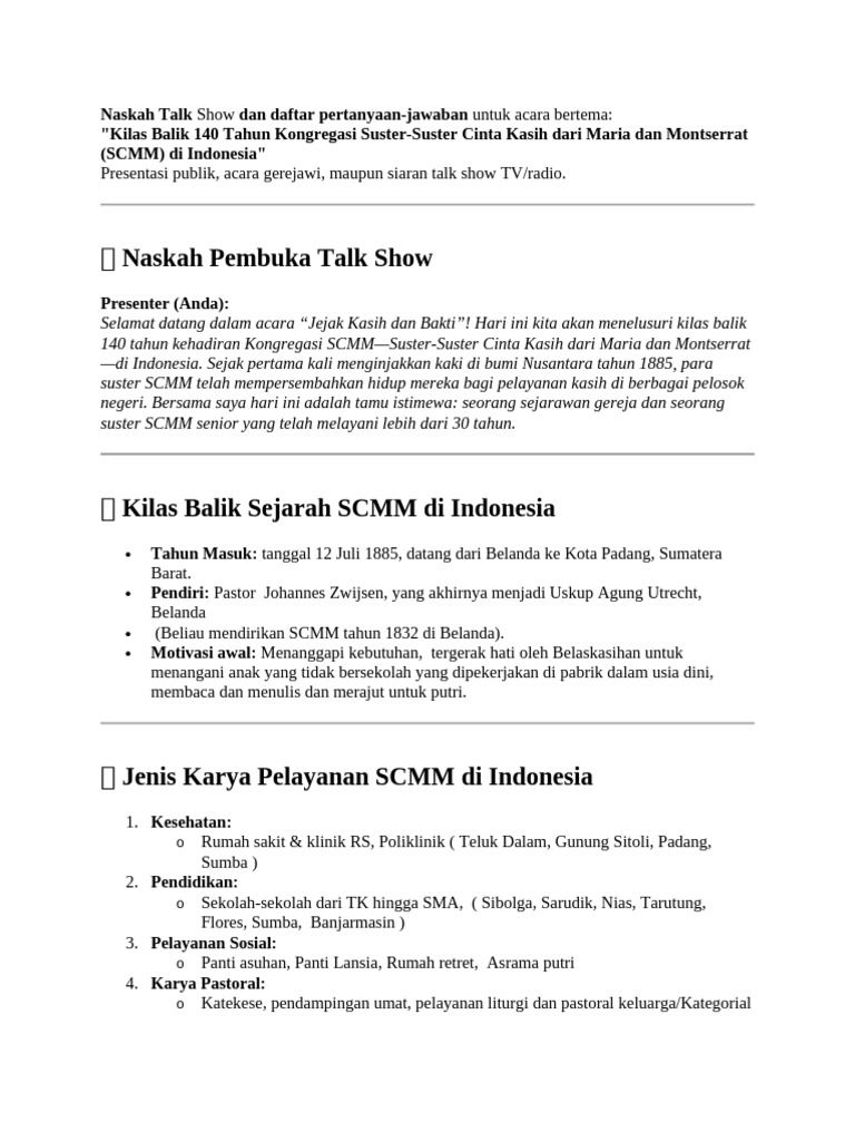 Naskah Talk Show Dan Daftar Pertanyaan JUBILEUM 140 SCMM Di Indonesia | PDF