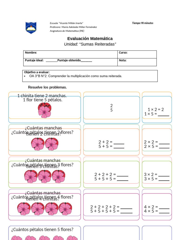 Evaluación Matemática Quinto Junio 2025 Sumas Reiteradas. | PDF | Multiplicación | Matemáticas