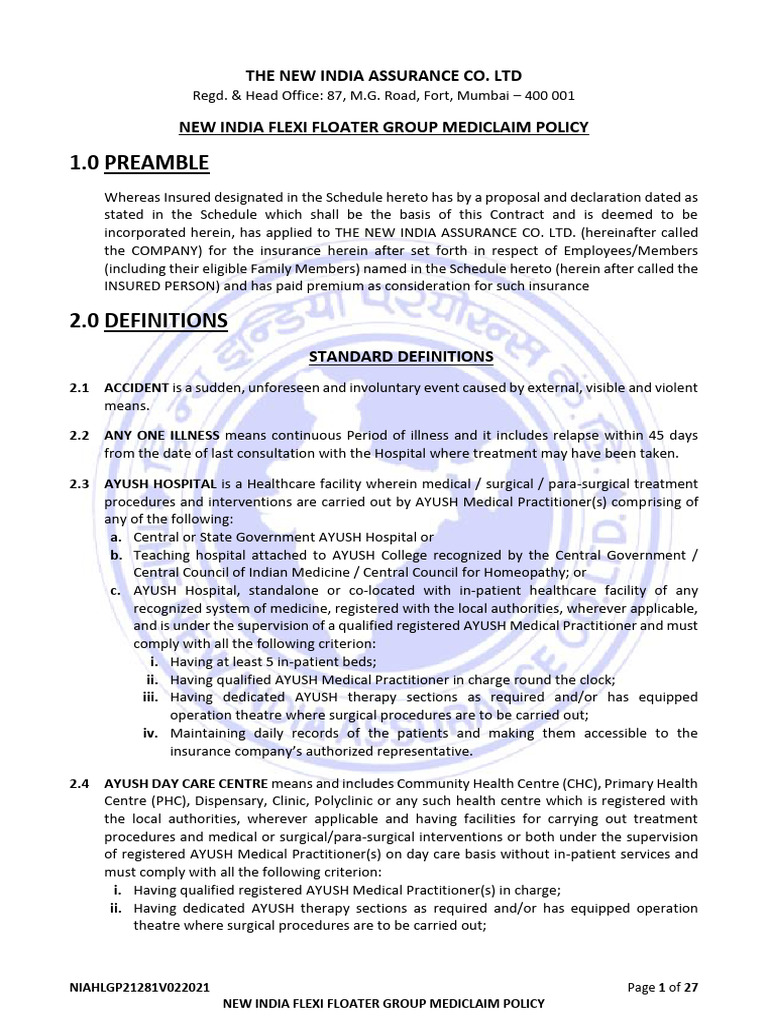 New India Flexi Floater Mediclaim Policy | PDF | Intensive Care Unit ...