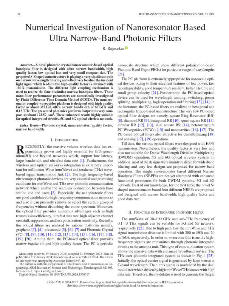 Numerical Investigation of Nanoresonator Based Ultra Narrow-Band Photonic Filters | PDF ...
