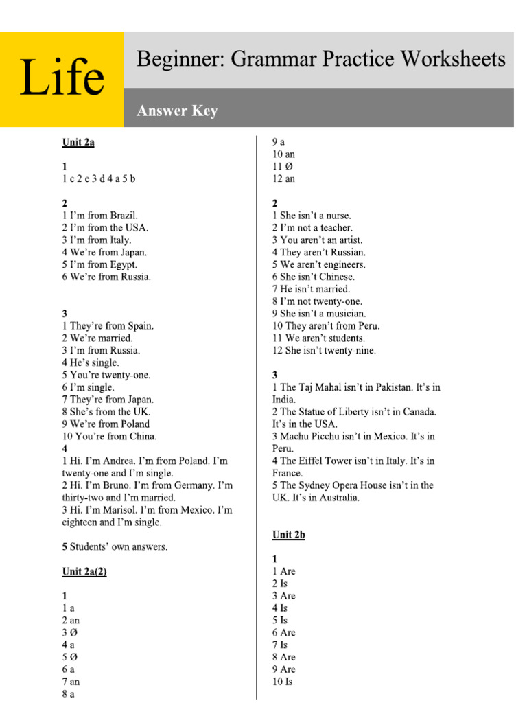 Units 1 To 3 Answerkey Exercises LIFE 1 | PDF