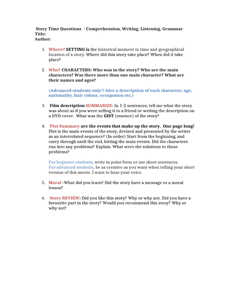 Story Time Engagement Questions | PDF