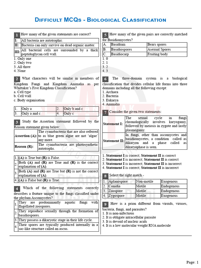 Difficult MCQs - Biological Classification | PDF | Fungus | Bacteria