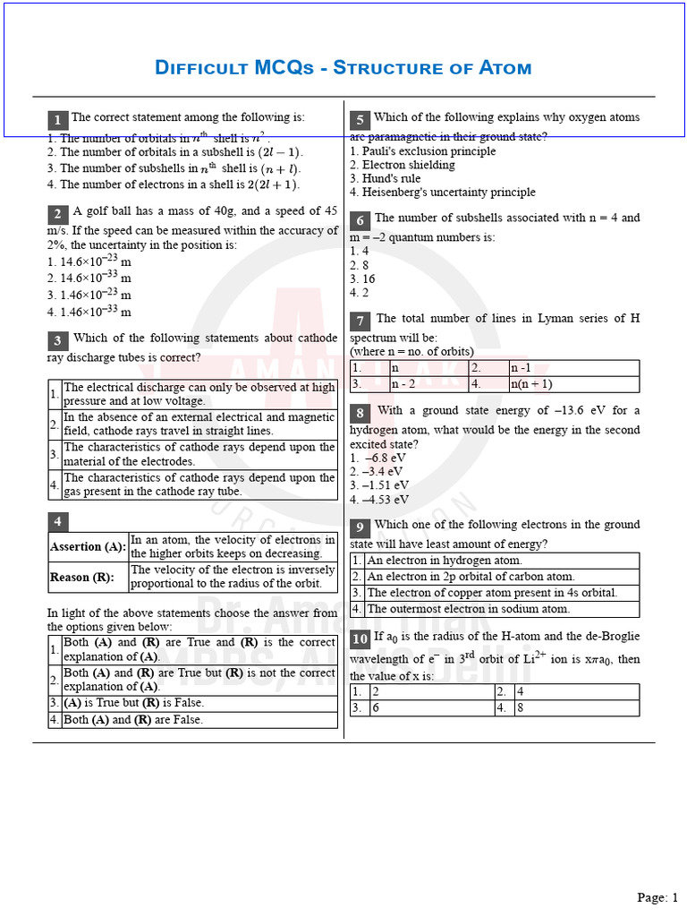 Difficult MCQs - Structure of Atom | PDF | Electron | Atoms