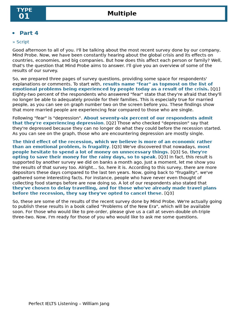 Multiple Choice Part 4 Script - Perfect Ielts Listening | PDF | Great ...