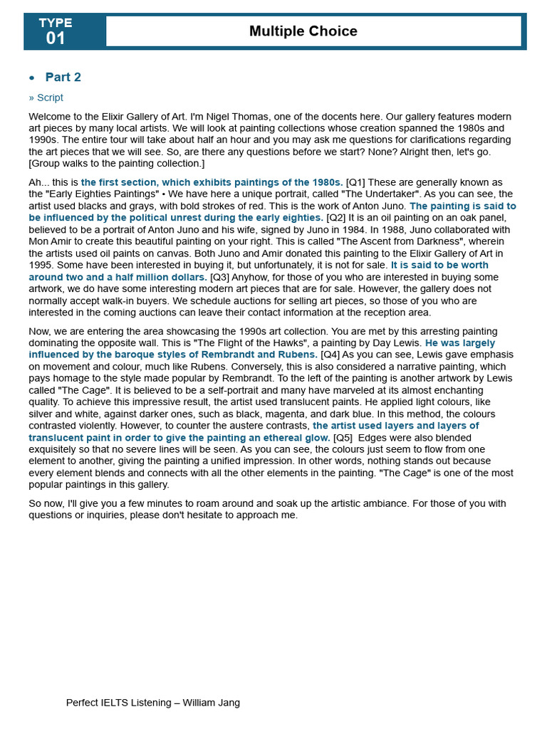 Multiple Choice Part 2 Script - Perfect Ielts Listening | PDF | Paintings | The Arts