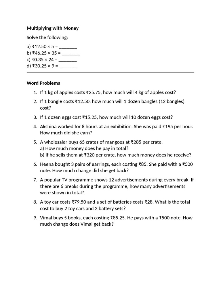 Multiplying With Money | PDF