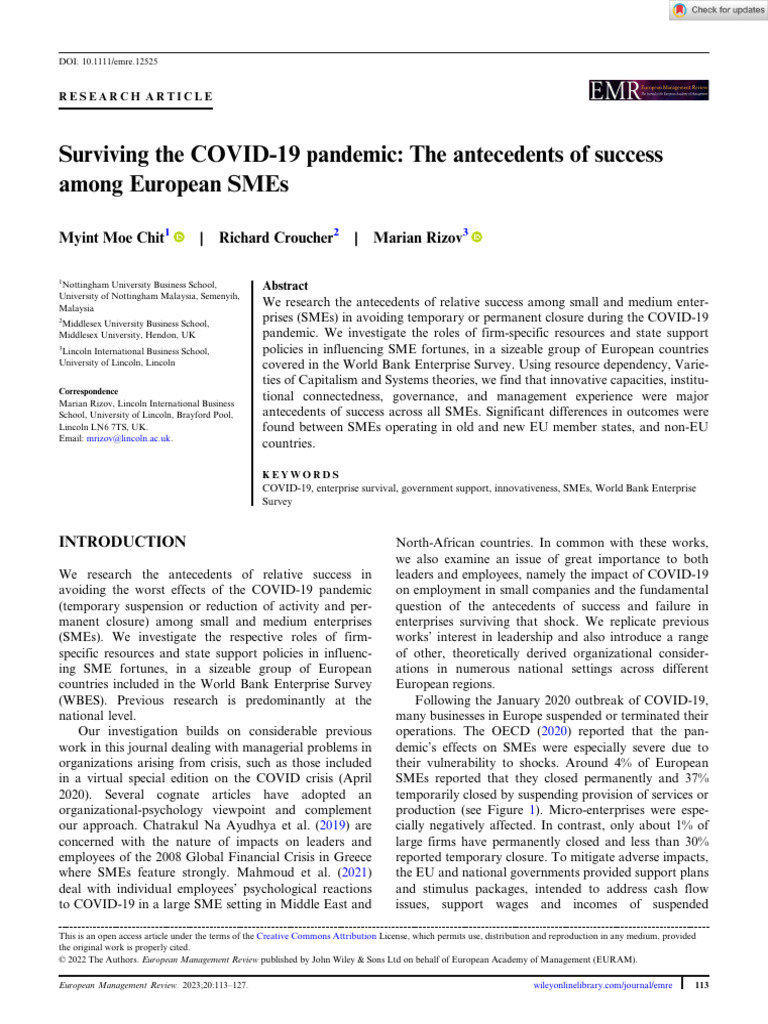 European Management Review - 2022 - Chit - Surviving The COVID 19 ...