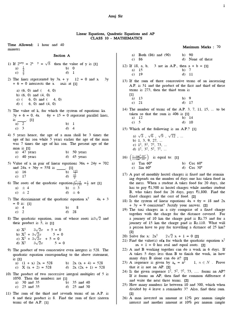 Class 10 Math: Equations & A.P. Problems | PDF | Square Root | Equations