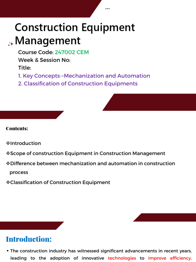 CEM Session 02 - Mechanization Scope - Classification of CE | PDF | Automation | Crane (Machine)