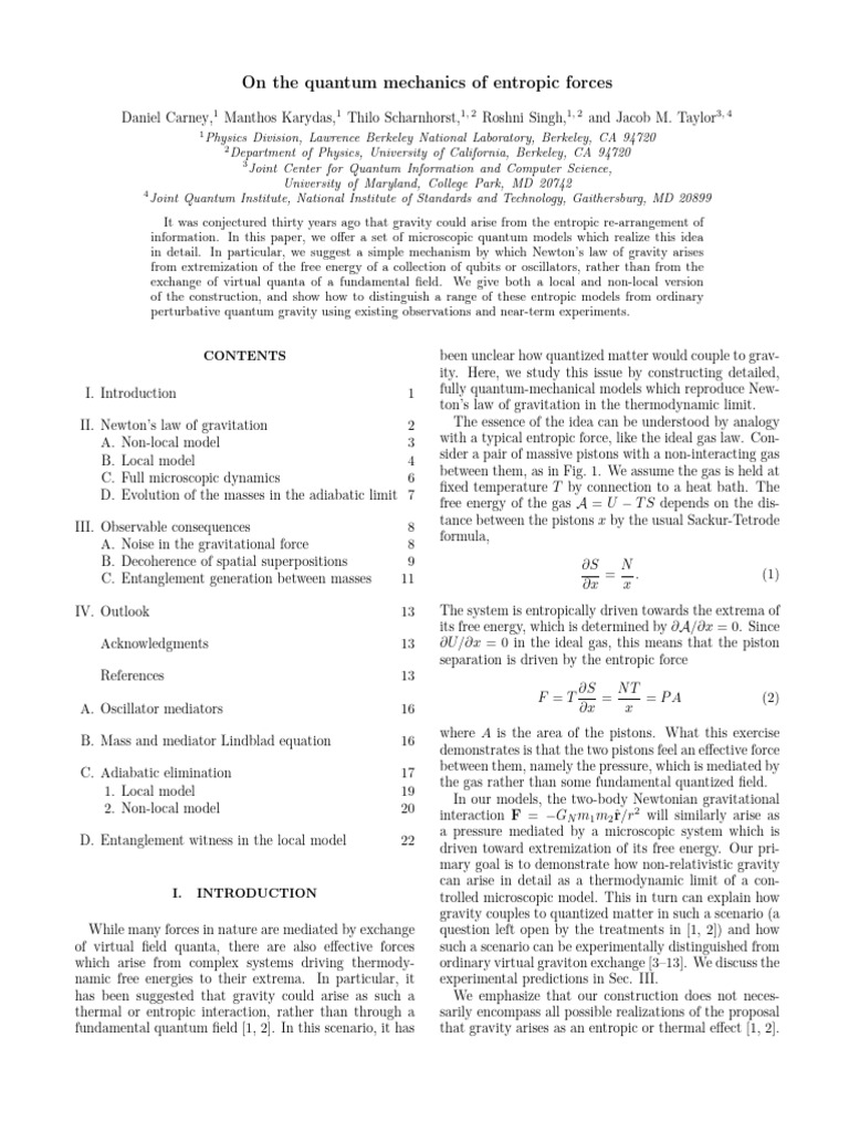 On The Quantum Mechanics of Entropic Forces: T U TS X | PDF | Force ...