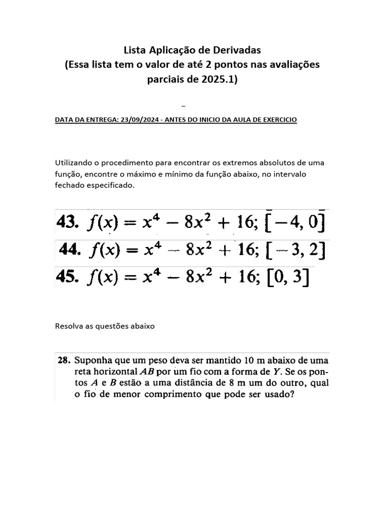 Lista Aplicacao de Derivada 2025 | PDF